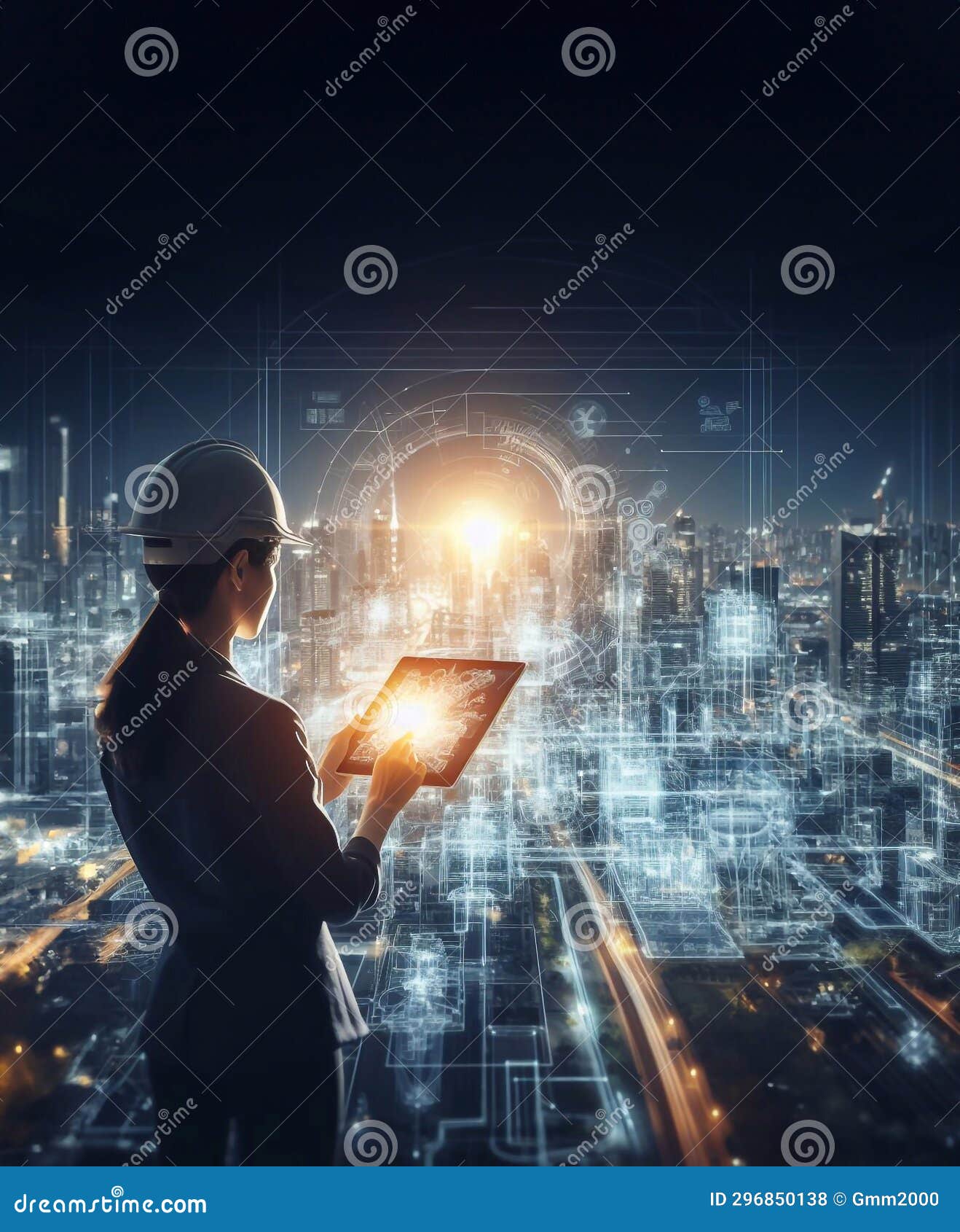 Engineer is Using a Tablet with a Holographic Graphic. Large Modern ...