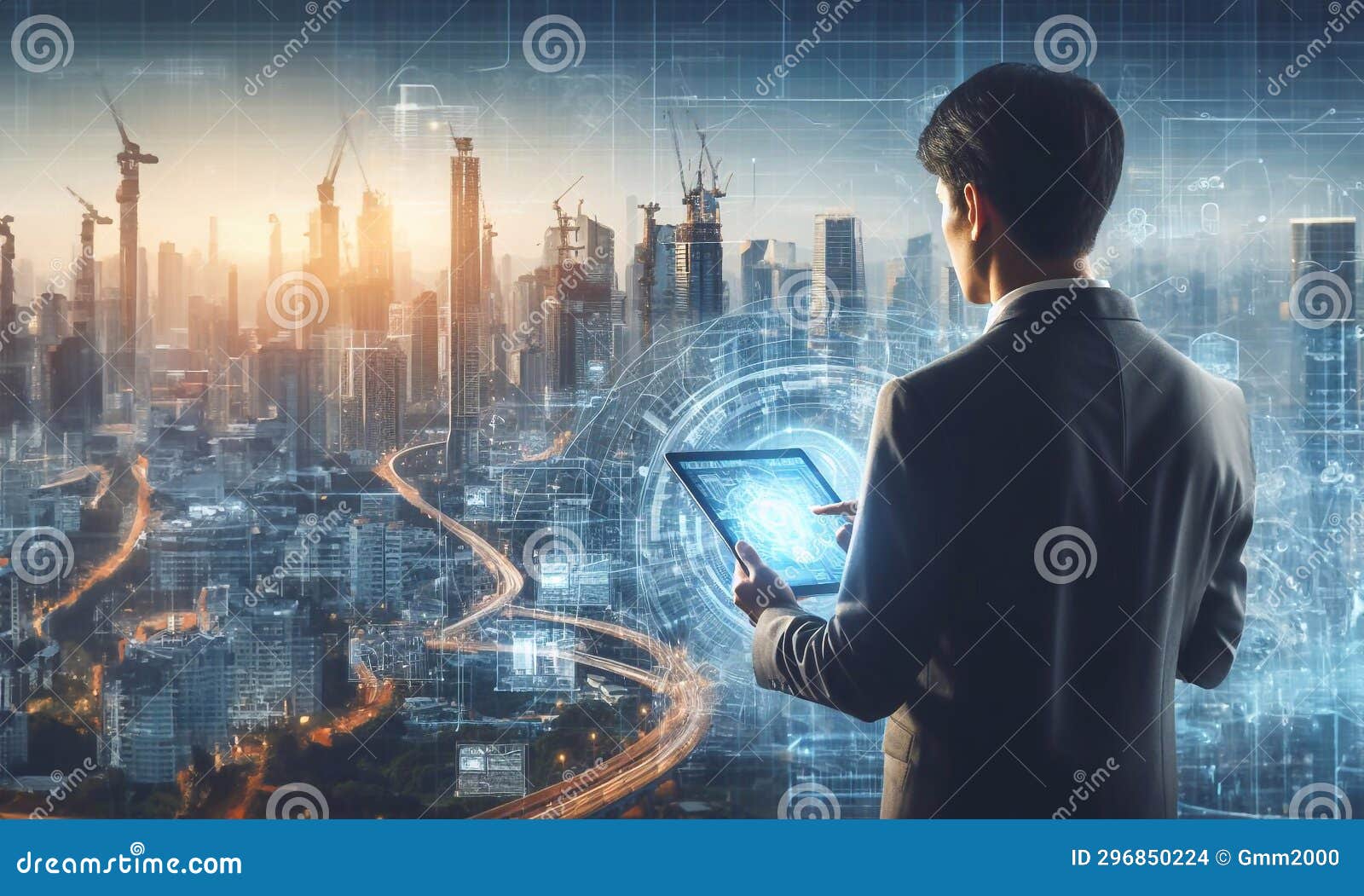 Engineer is Using a Tablet with a Holographic Graphic. Large Modern ...