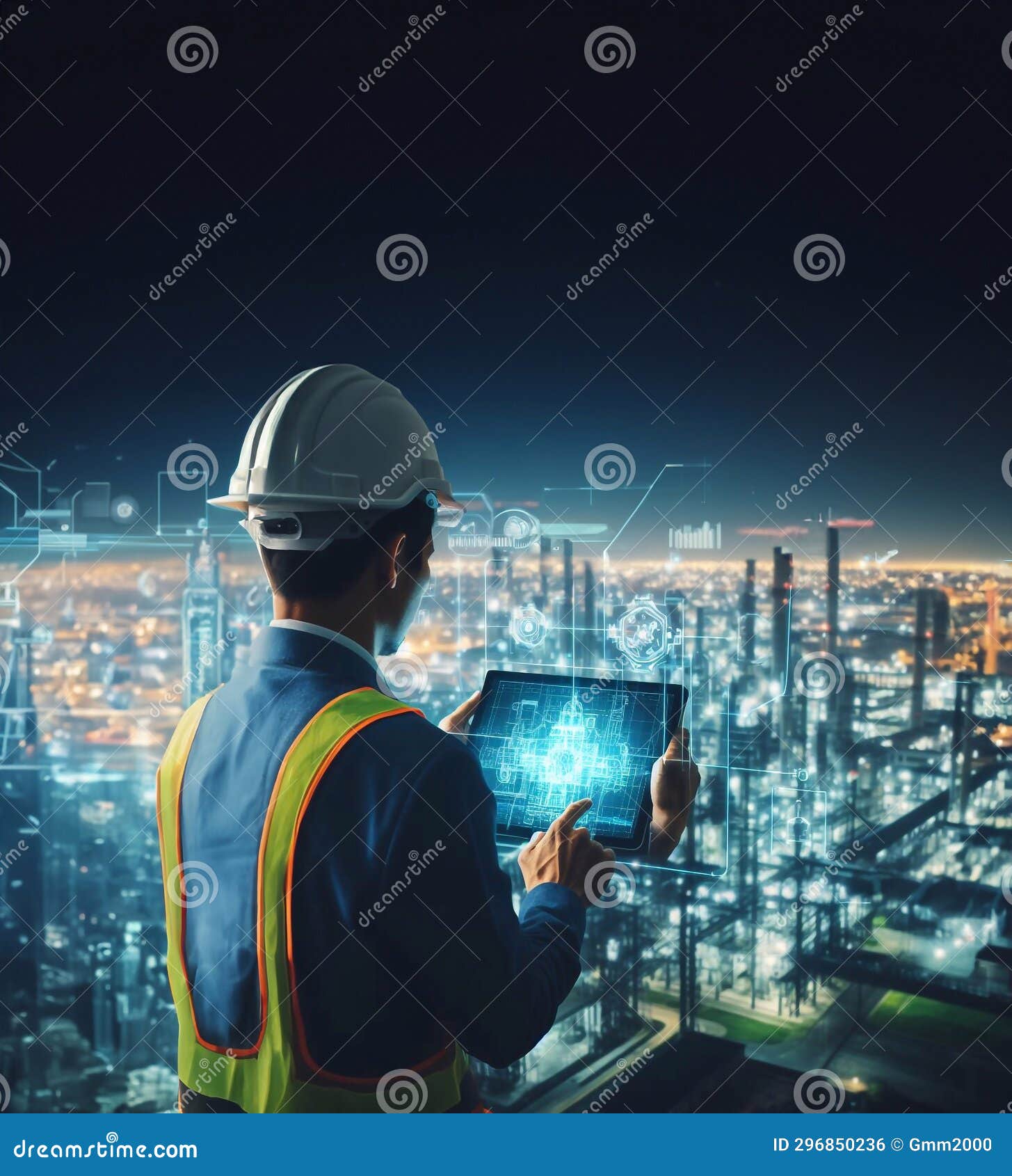 Engineer is Using a Tablet with a Holographic Graphic. Large Modern ...