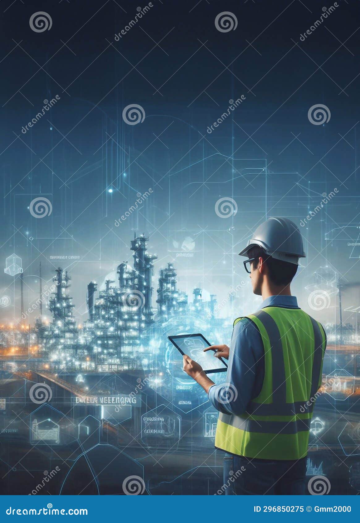 Engineer is Using a Tablet with a Holographic Graphic. Large Modern ...