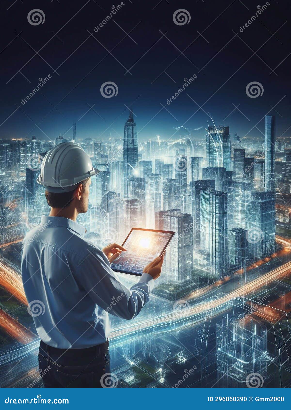 Engineer is Using a Tablet with a Holographic Graphic. Large Modern ...