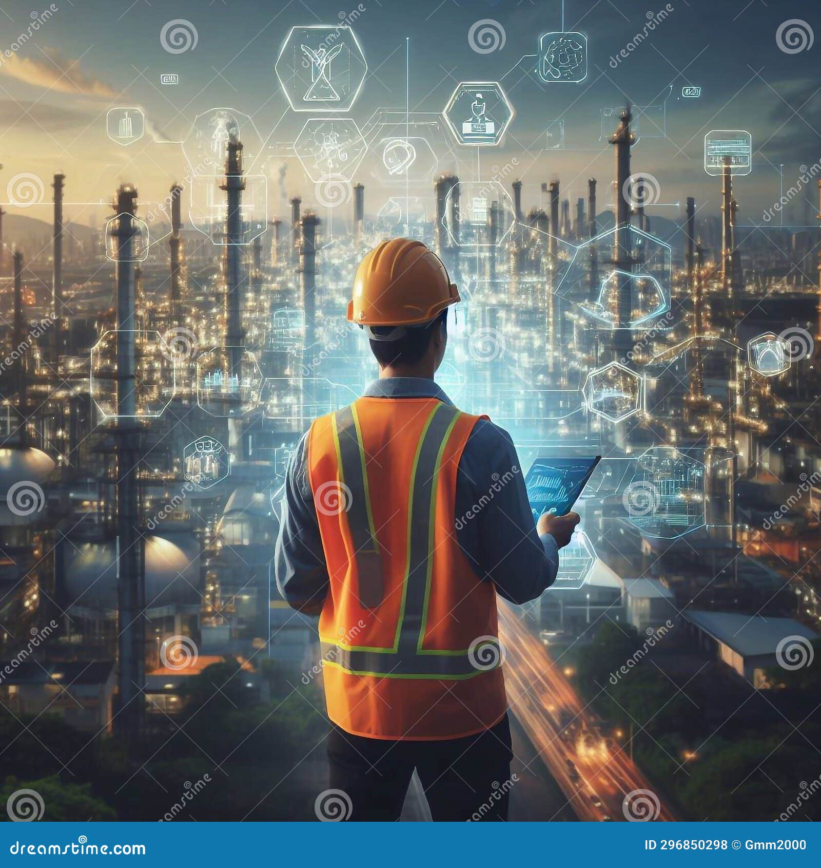 Engineer is Using a Tablet with a Holographic Graphic. Large Modern ...