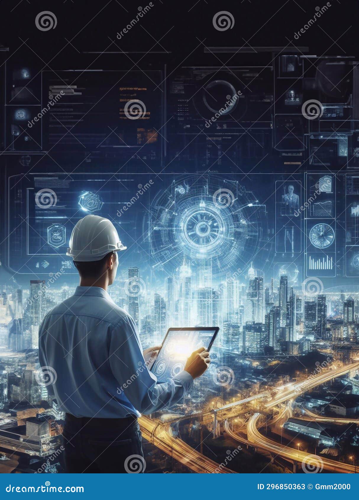 Engineer is Using a Tablet with a Holographic Graphic. Large Modern ...