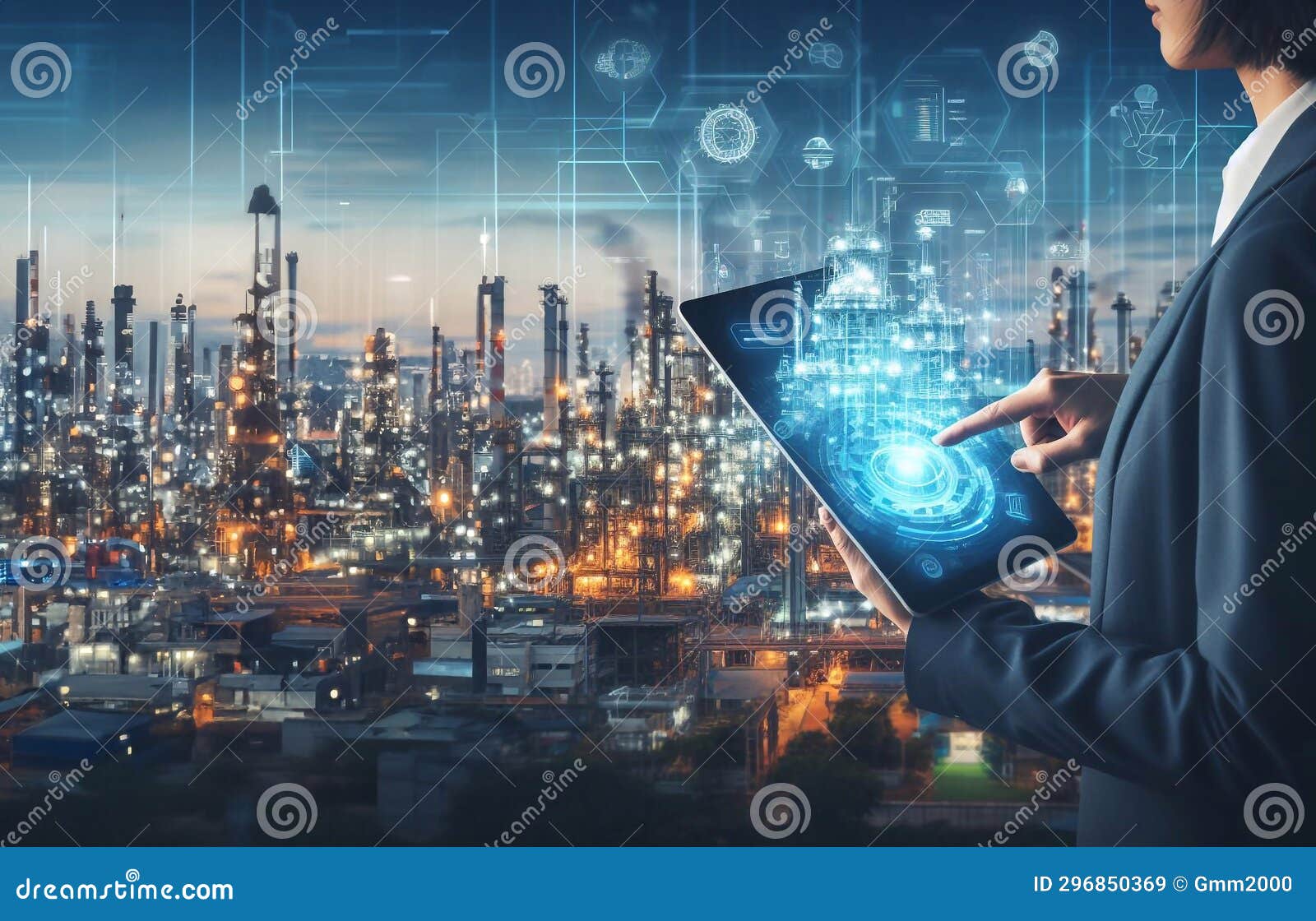 Engineer is Using a Tablet with a Holographic Graphic. Large Modern ...