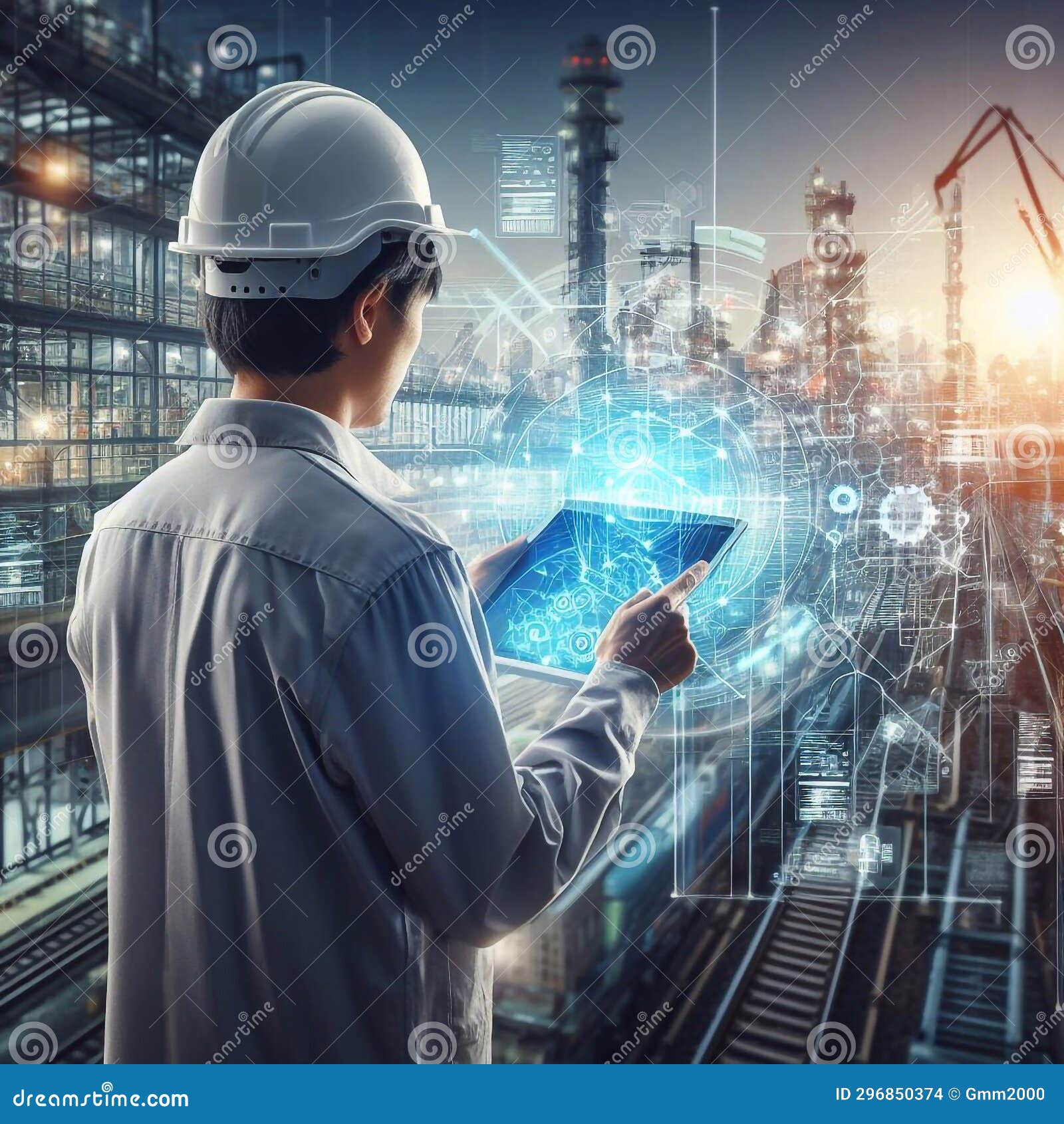 Engineer is Using a Tablet with a Holographic Graphic. Large Modern ...