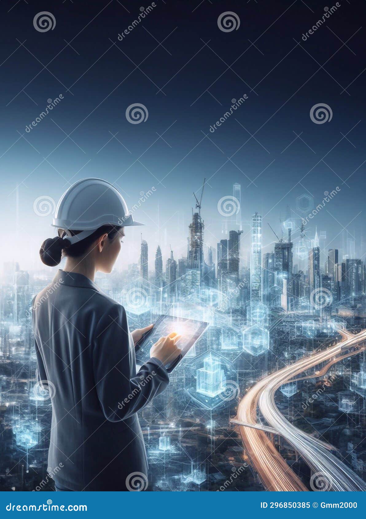 Engineer is Using a Tablet with a Holographic Graphic. Large Modern ...