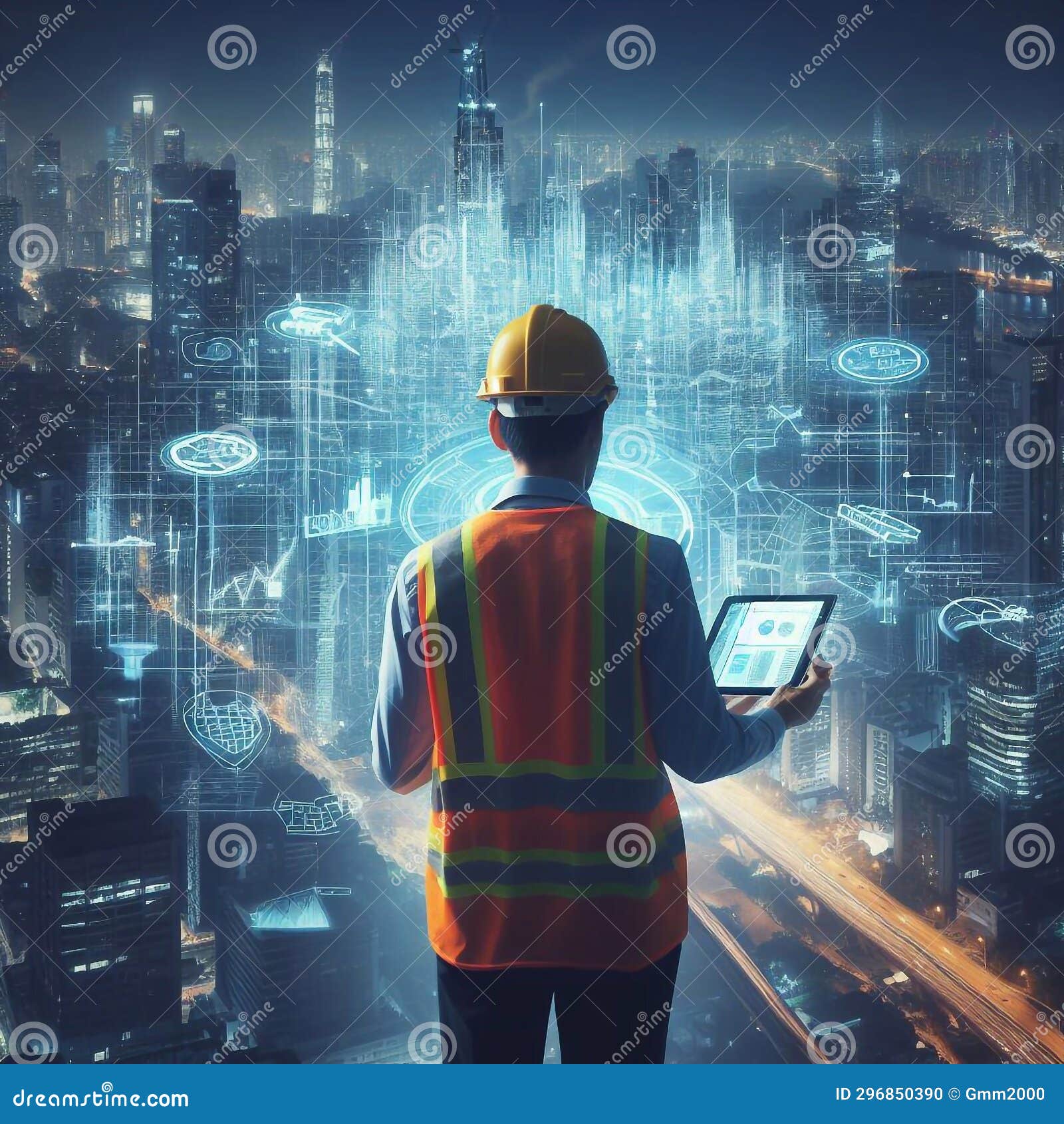 Engineer is Using a Tablet with a Holographic Graphic. Large Modern ...