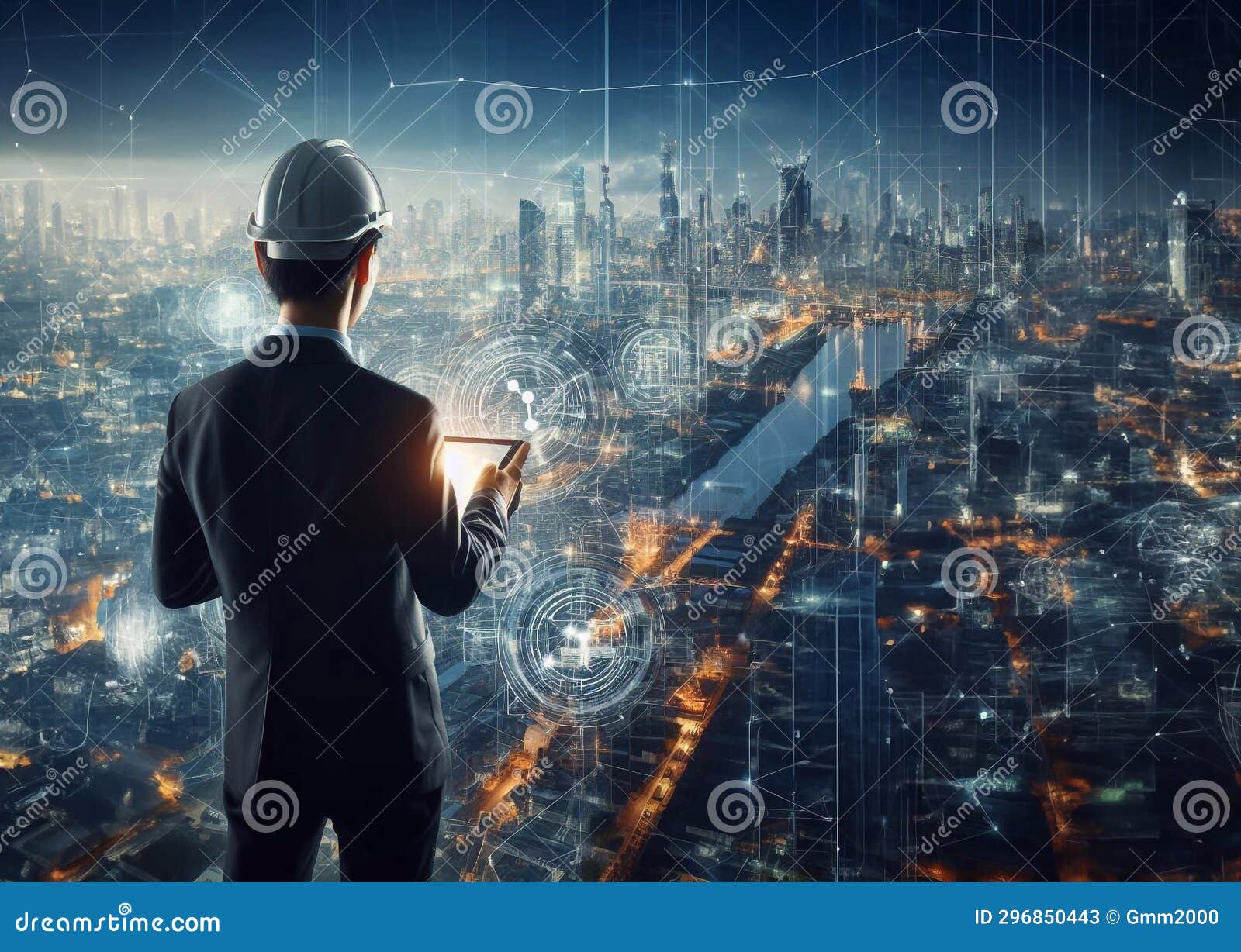 Engineer is Using a Tablet with a Holographic Graphic. Large Modern ...