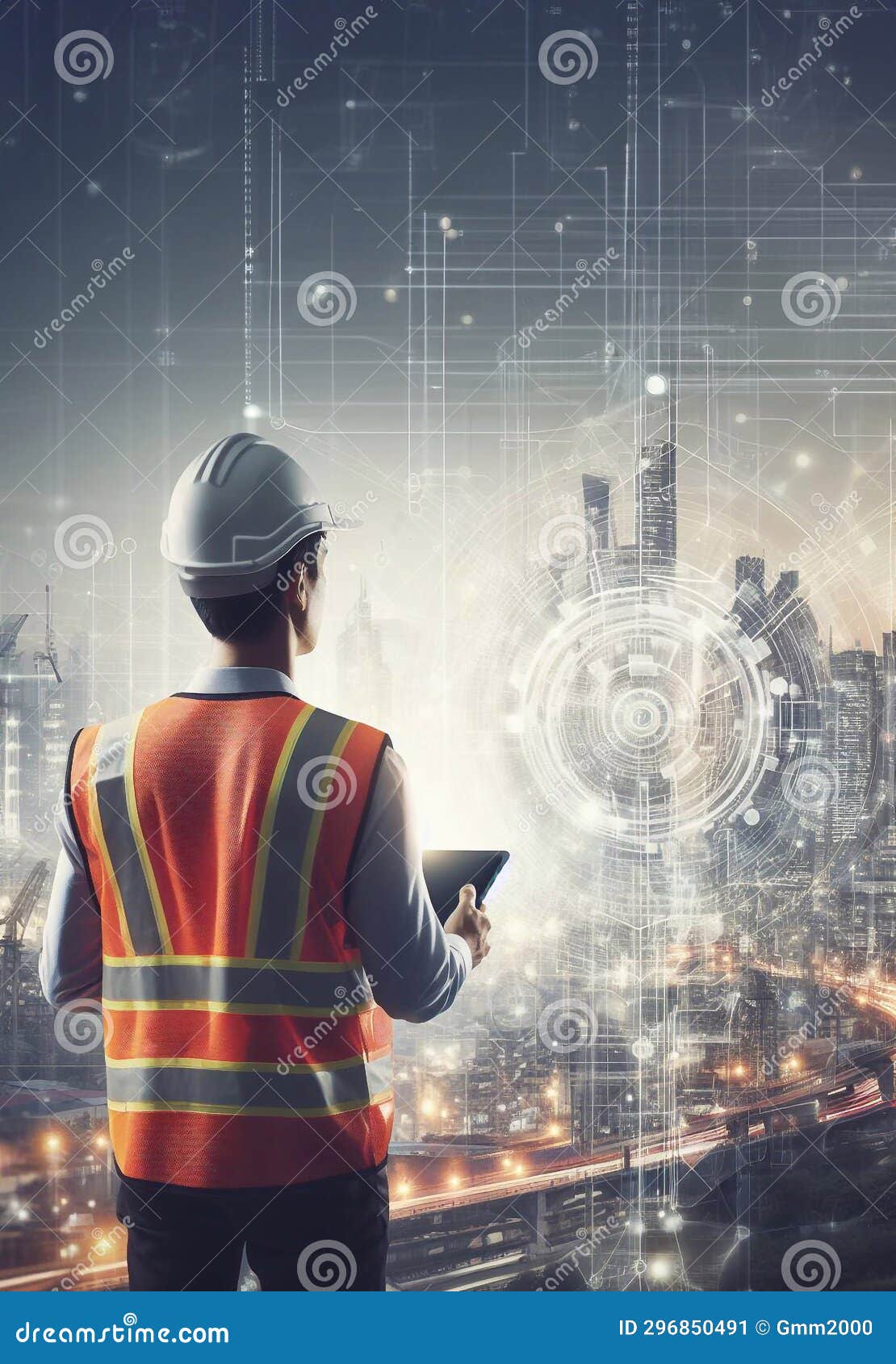 Engineer is Using a Tablet with a Holographic Graphic. Large Modern ...