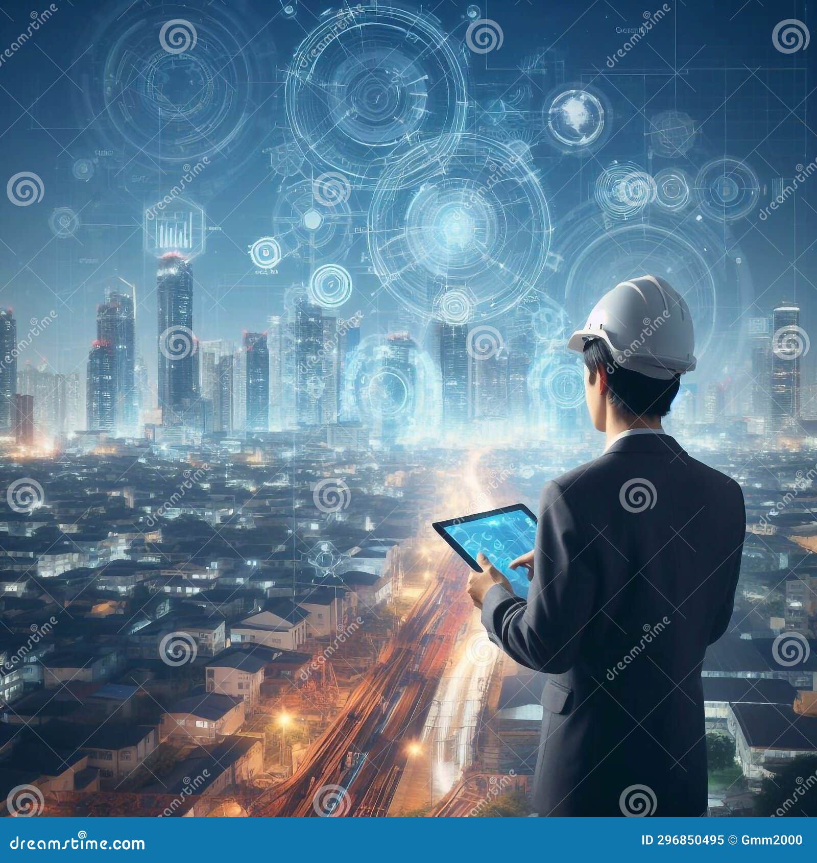 Engineer is Using a Tablet with a Holographic Graphic. Large Modern ...