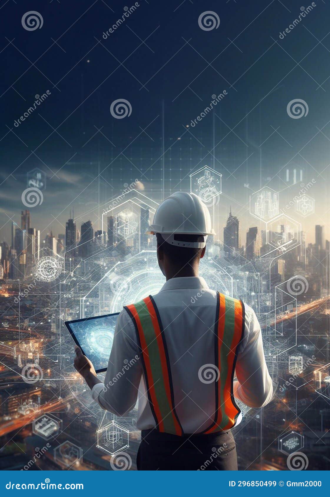 Engineer is Using a Tablet with a Holographic Graphic. Large Modern ...