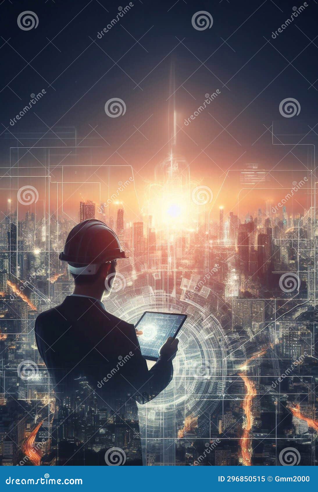 Engineer is Using a Tablet with a Holographic Graphic. Large Modern ...