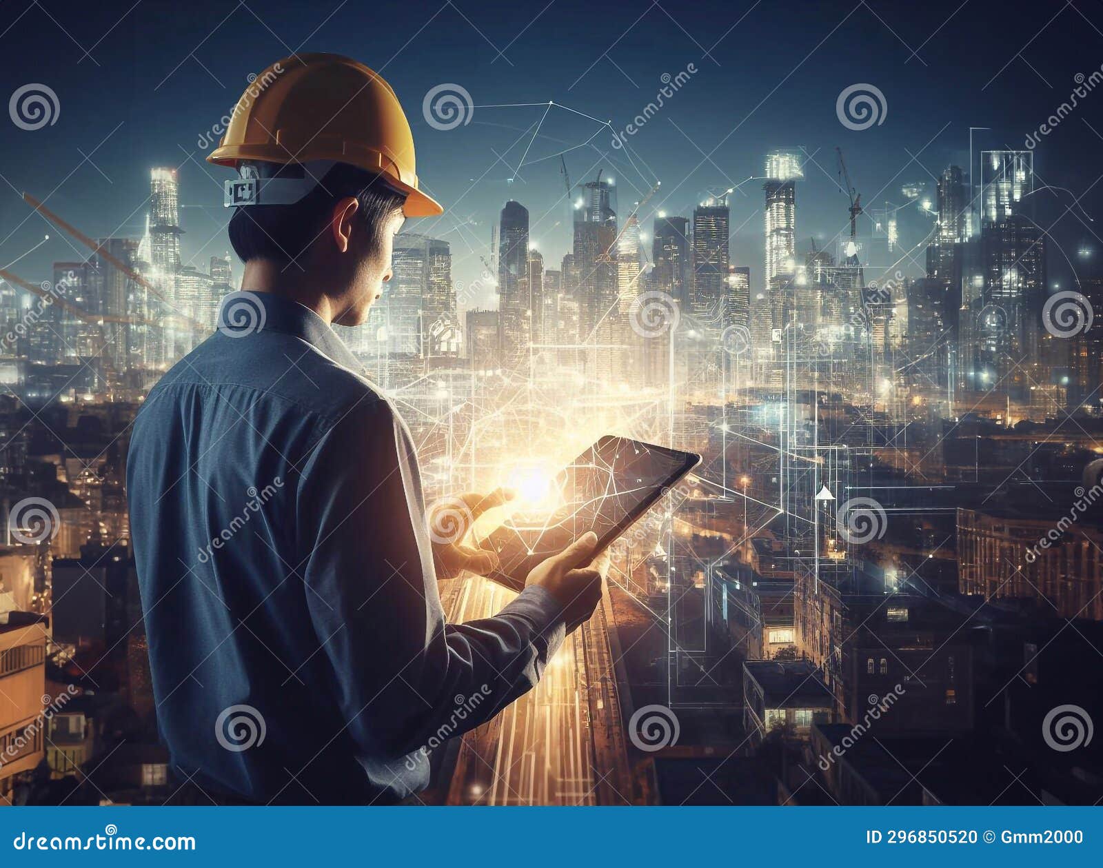 Engineer is Using a Tablet with a Holographic Graphic. Large Modern ...