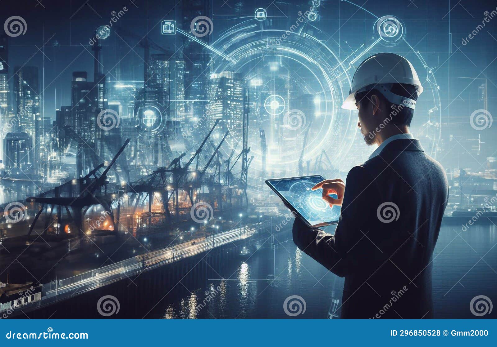 Engineer is Using a Tablet with a Holographic Graphic. Large Modern ...