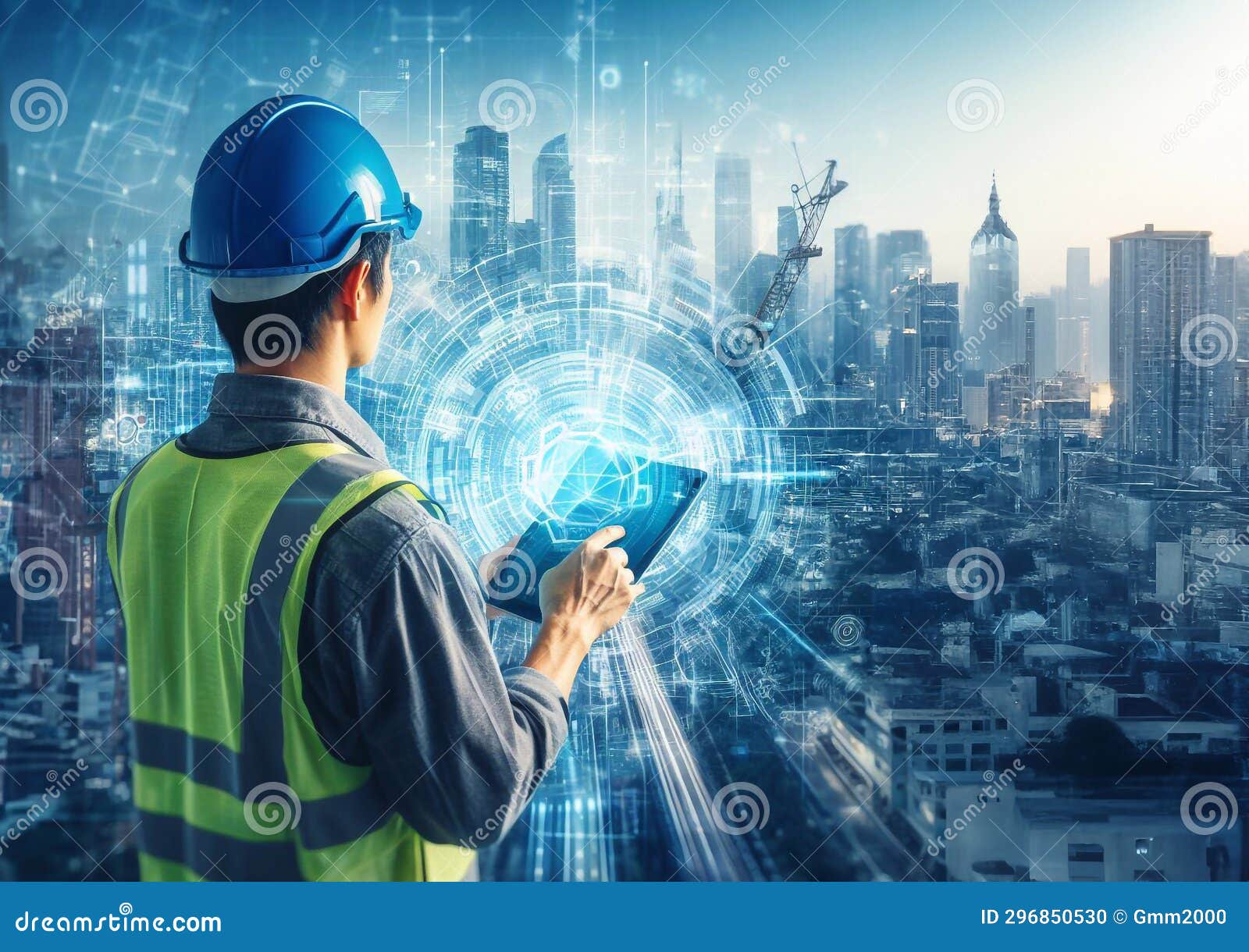 Engineer is Using a Tablet with a Holographic Graphic. Large Modern ...