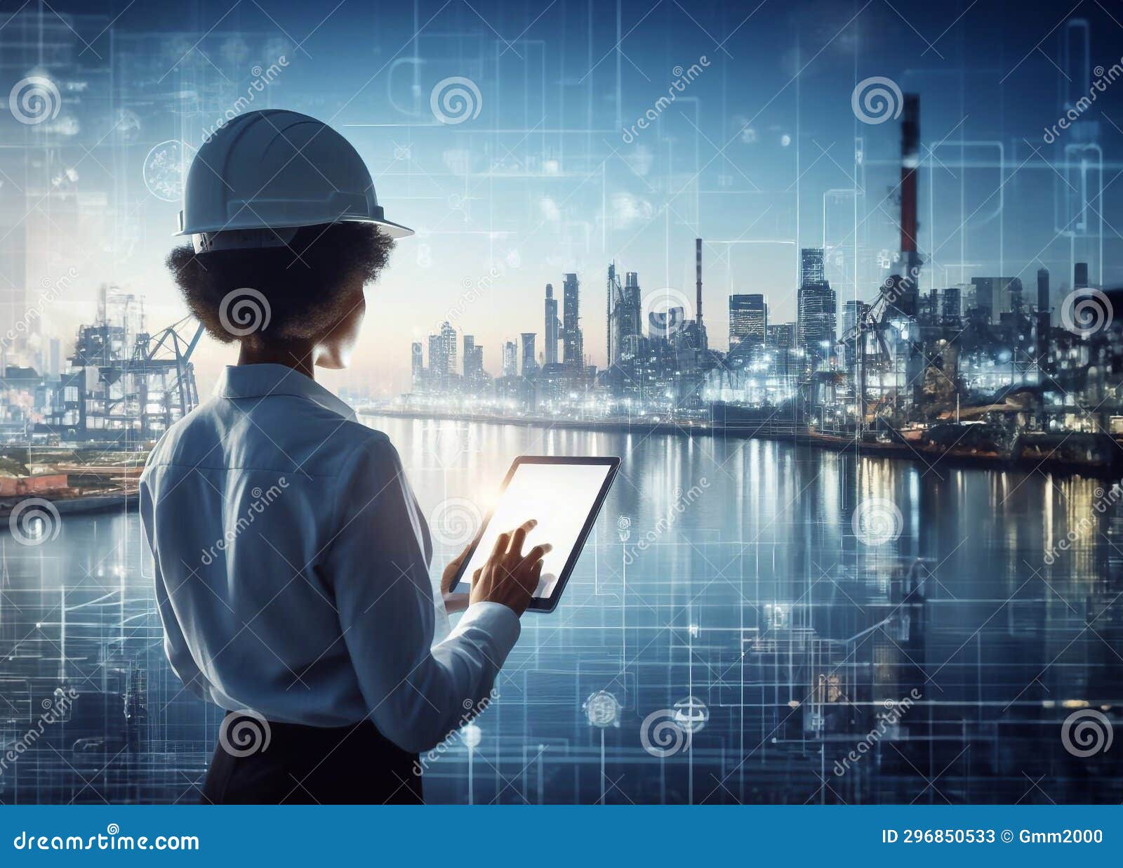 Engineer is Using a Tablet with a Holographic Graphic. Large Modern ...