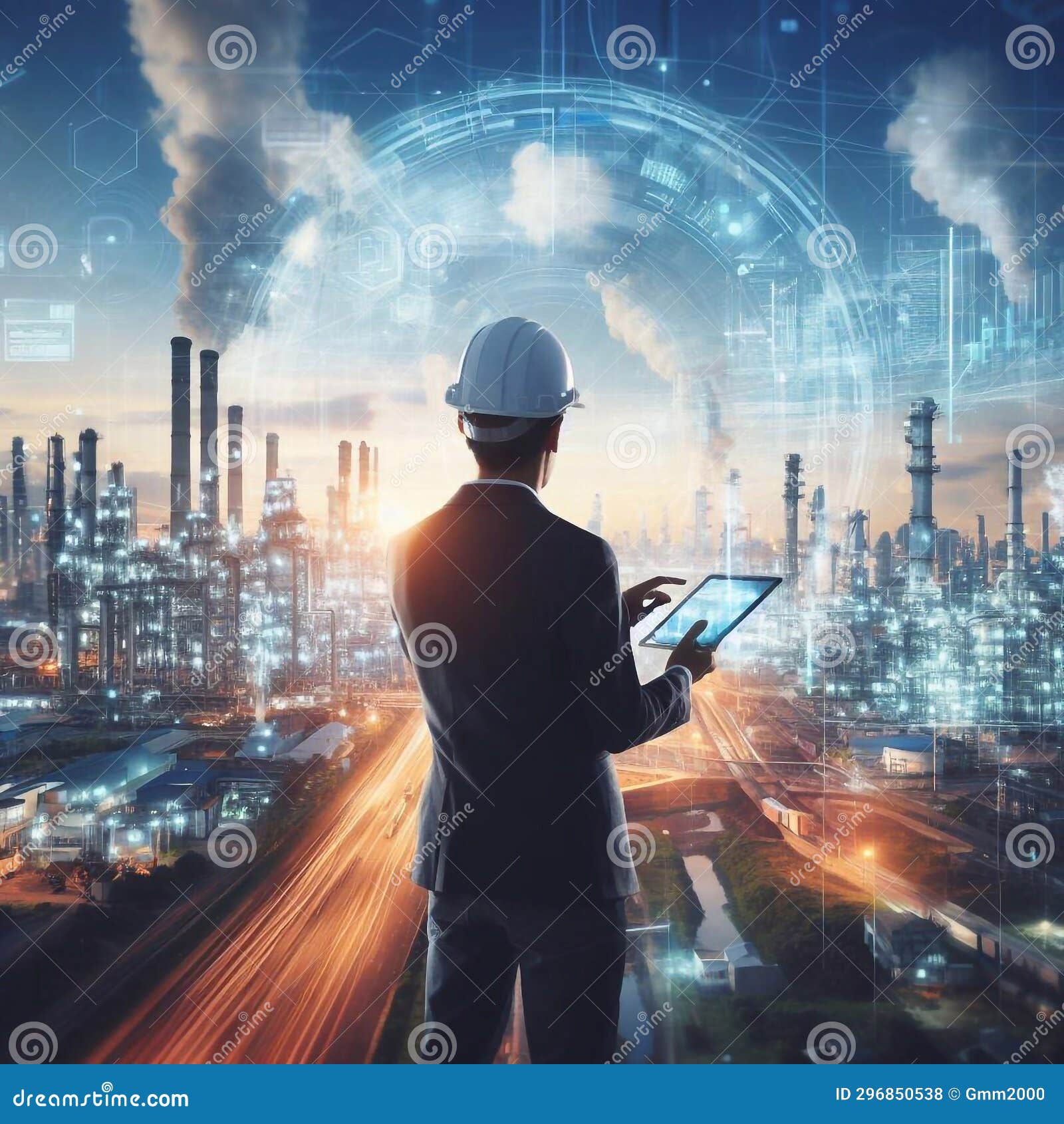 Engineer is Using a Tablet with a Holographic Graphic. Large Modern ...