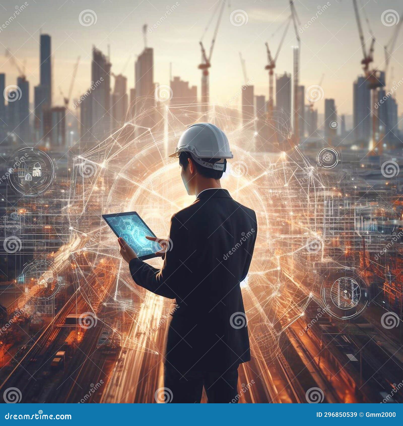 Engineer is Using a Tablet with a Holographic Graphic. Large Modern ...