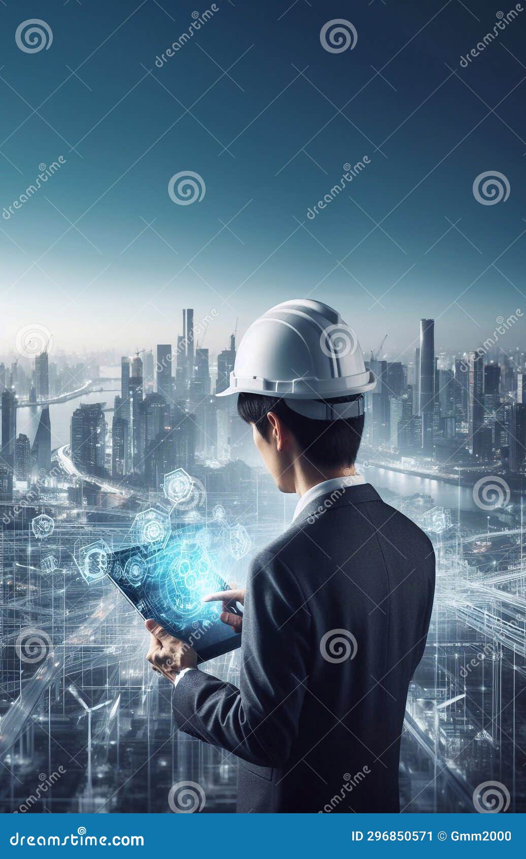 Engineer is Using a Tablet with a Holographic Graphic. Large Modern ...