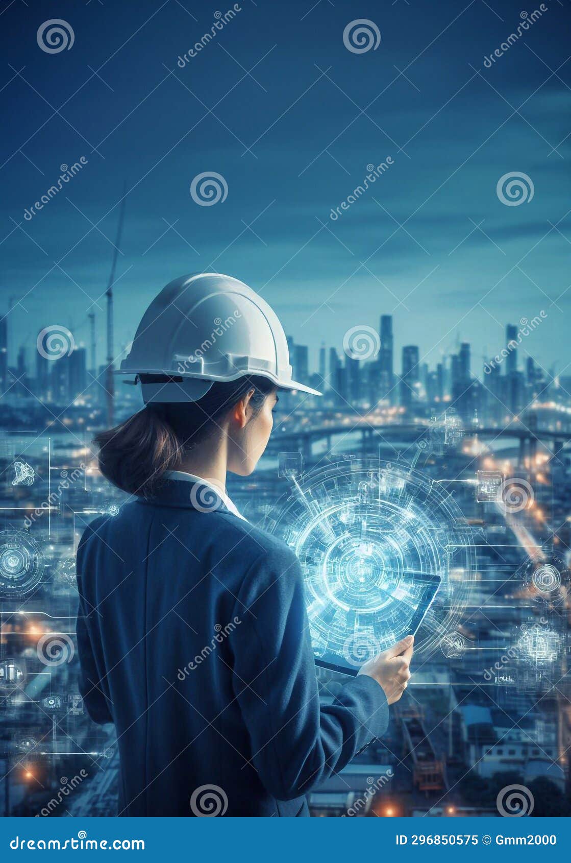 Engineer is Using a Tablet with a Holographic Graphic. Large Modern ...