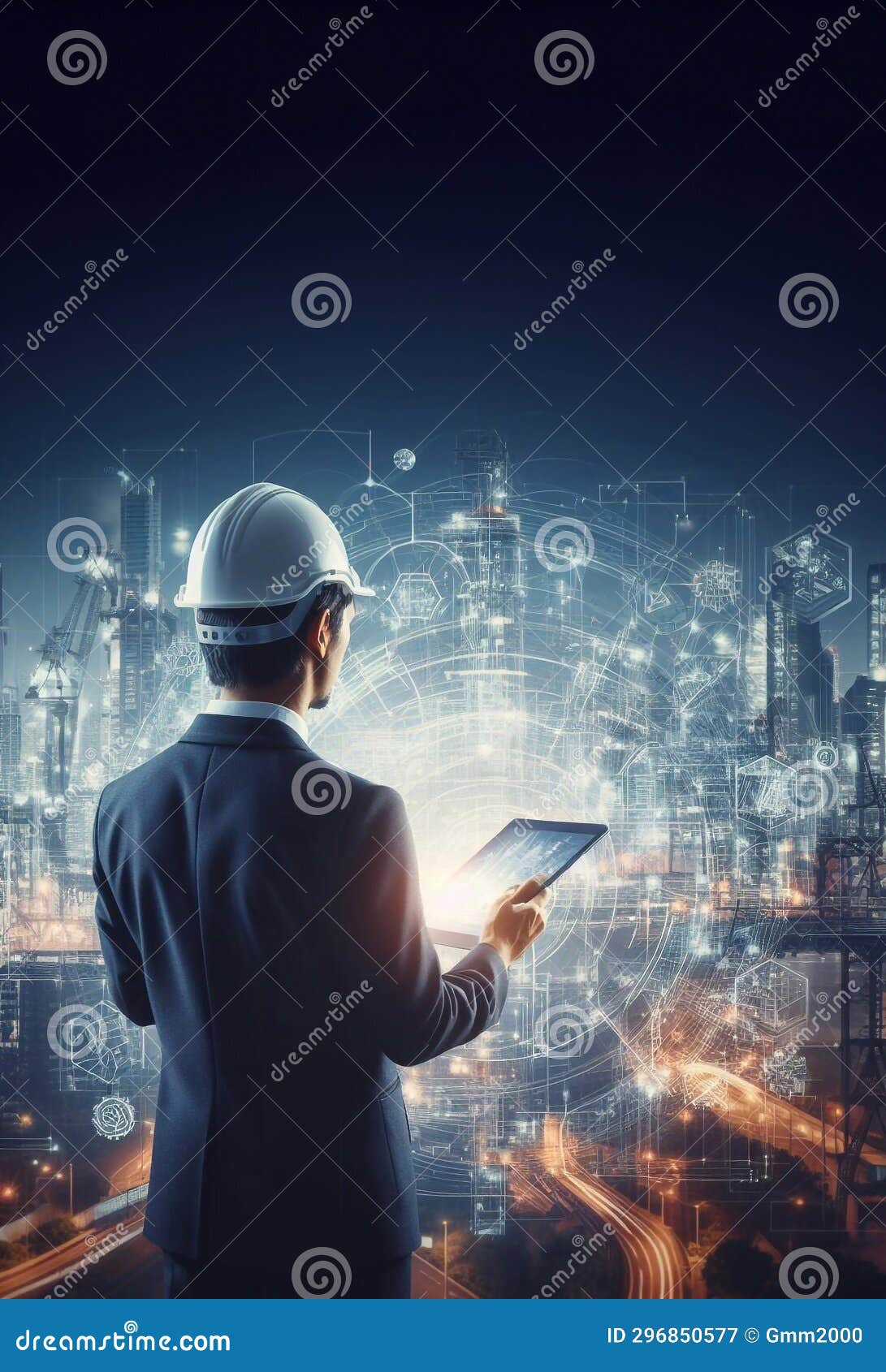 Engineer is Using a Tablet with a Holographic Graphic. Large Modern ...