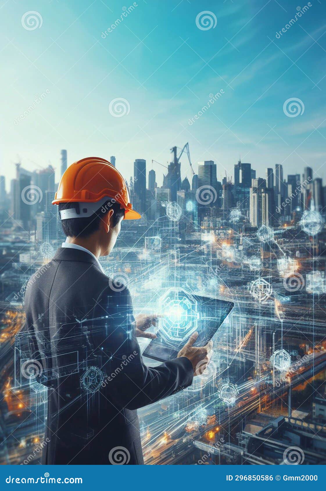 Engineer is Using a Tablet with a Holographic Graphic. Large Modern ...