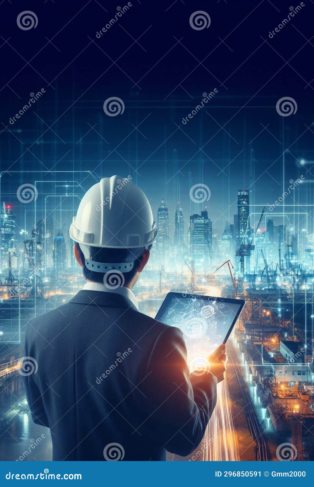 Engineer is Using a Tablet with a Holographic Graphic. Large Modern ...