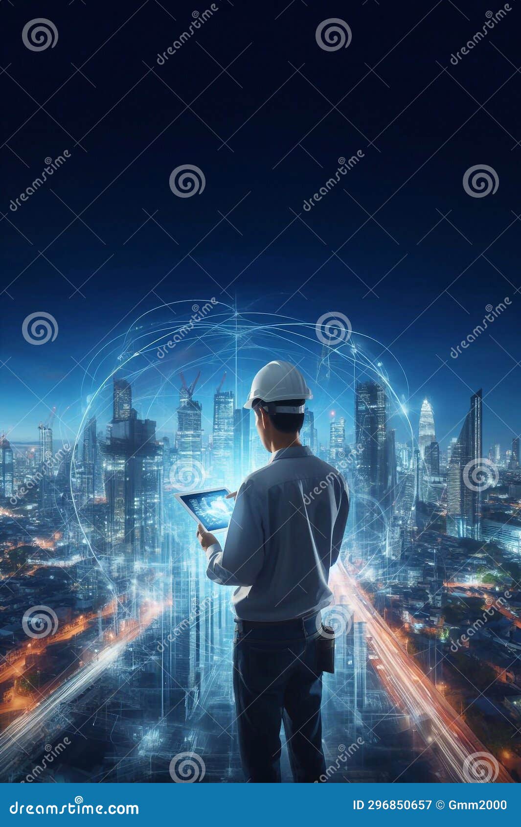 Engineer is Using a Tablet with a Holographic Graphic. Large Modern ...