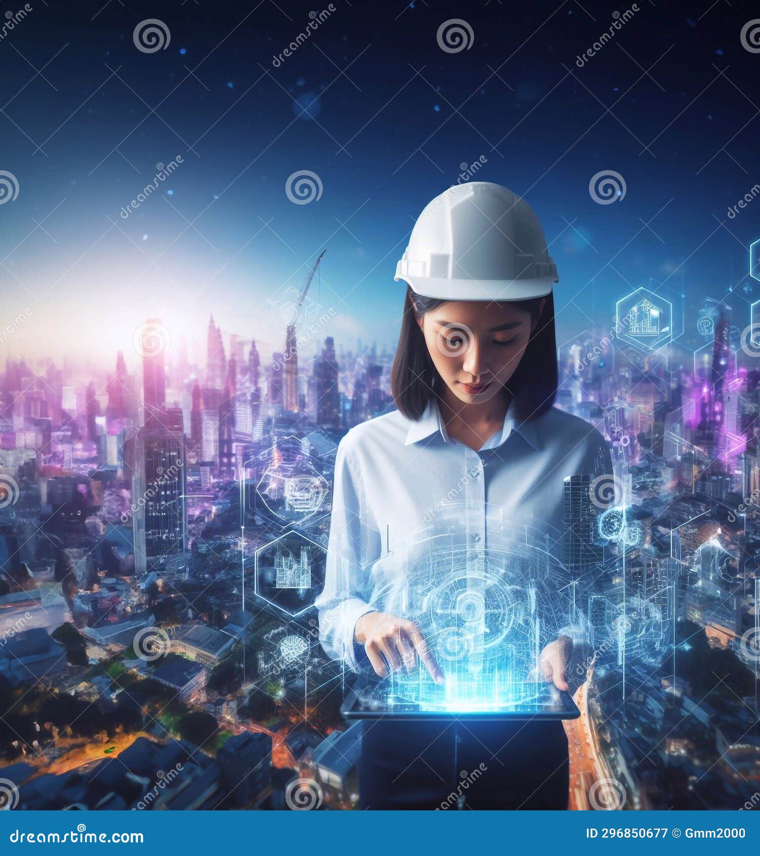 Engineer is Using a Tablet with a Holographic Graphic. Large Modern ...