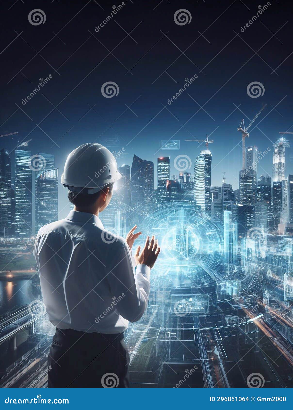 Engineer is Using a Tablet with a Holographic Graphic. Large Modern ...