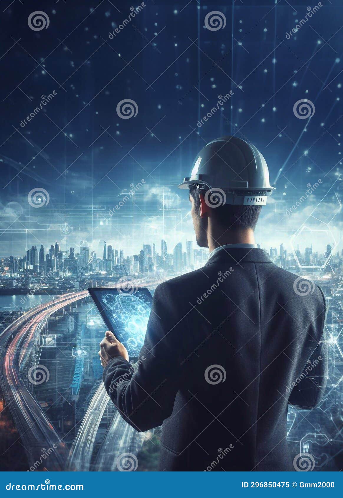 Engineer is Using a Tablet with a Holographic Graphic. Large Modern ...