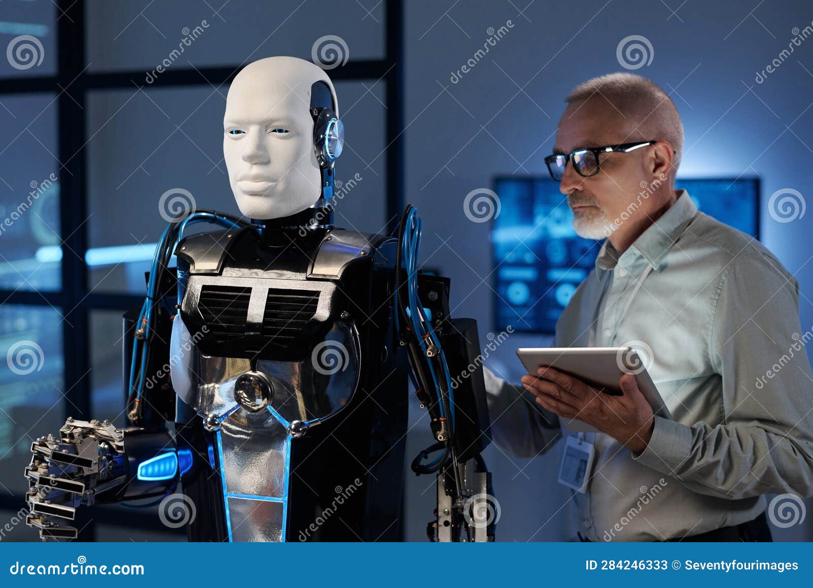 Engineer Using Tablet Pc To Connect Robot Stock Image - Image of ...