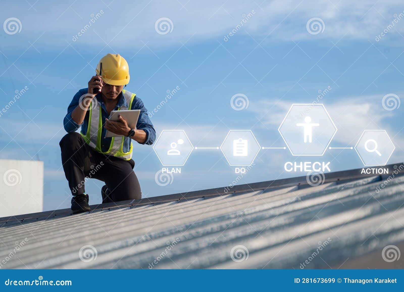 Engineer Using Tablet To Inspect Work at Job Site. Stock Image - Image ...