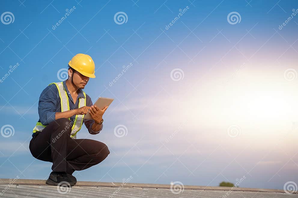 Engineer Using Tablet To Inspect Work at Job Site. Concept of ...