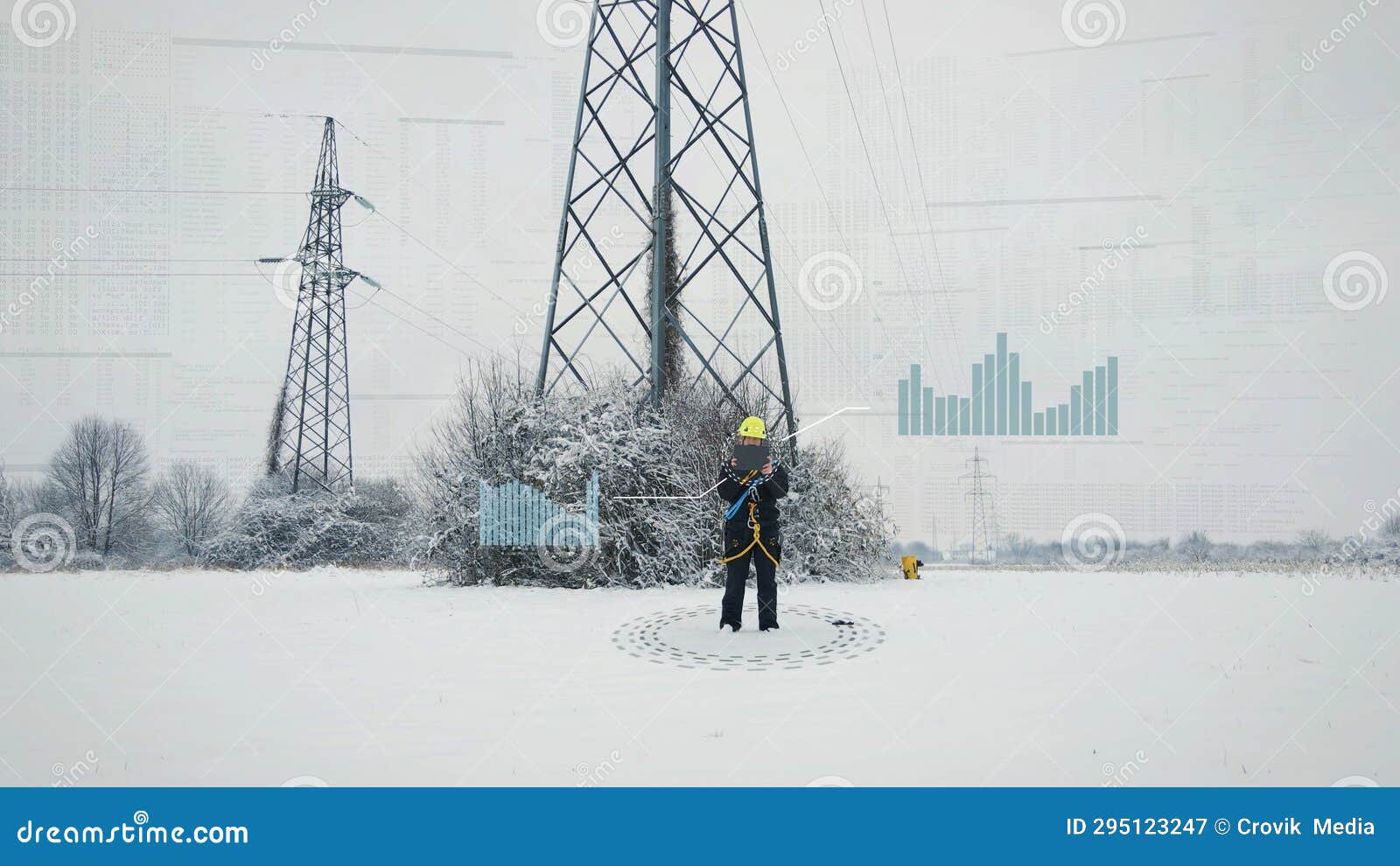 Engineer Using Technology To Service Electricity Pylon in Snow, Graphic ...