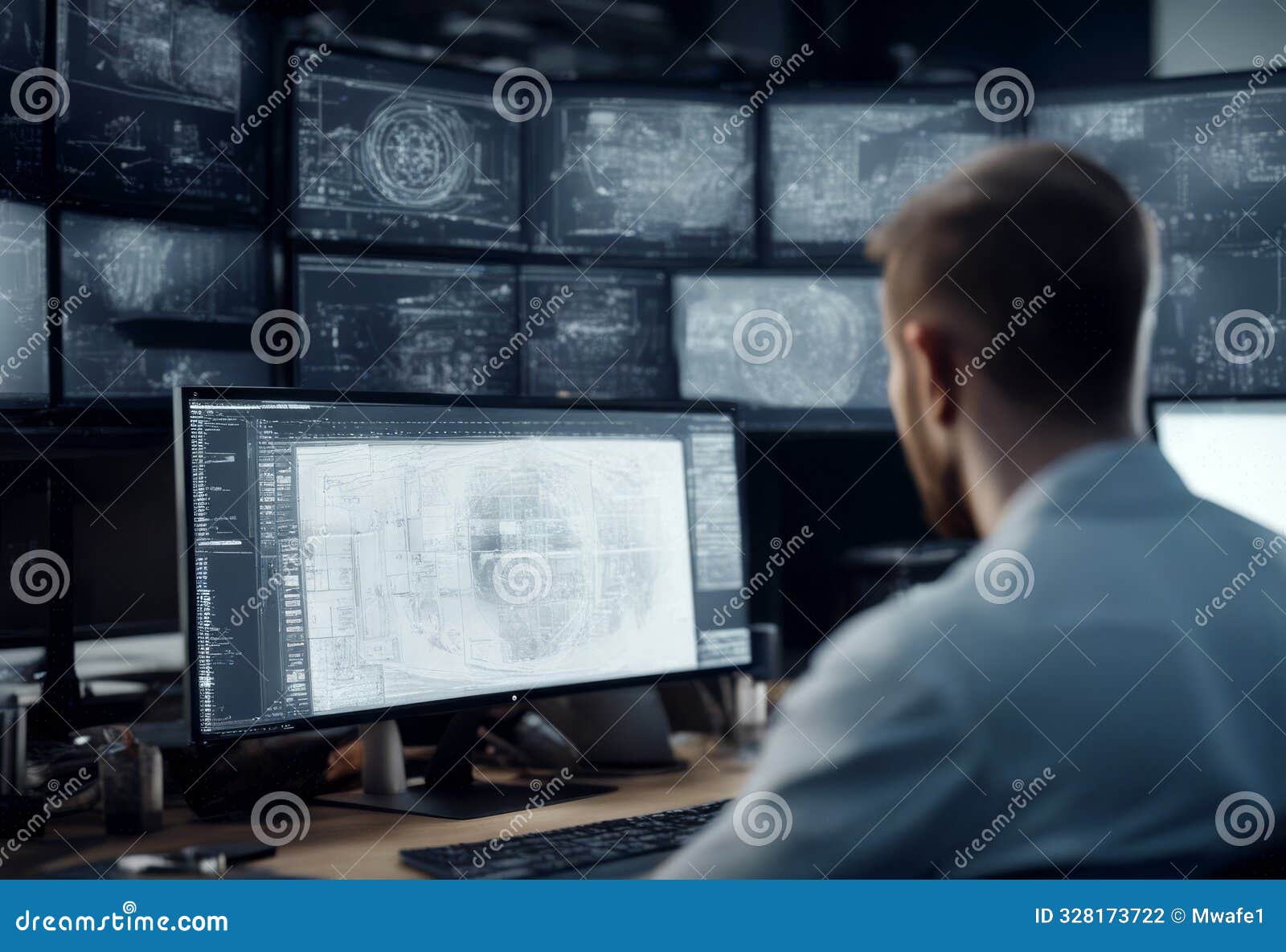 Engineer View Technical Details Computer Shows Desktop Shoulder Working ...