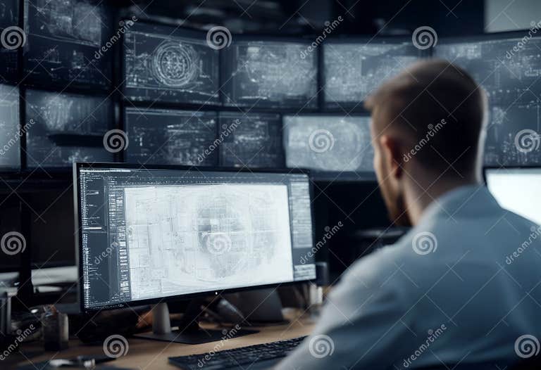 Engineer View Technical Details Computer Shows Desktop Shoulder Working ...