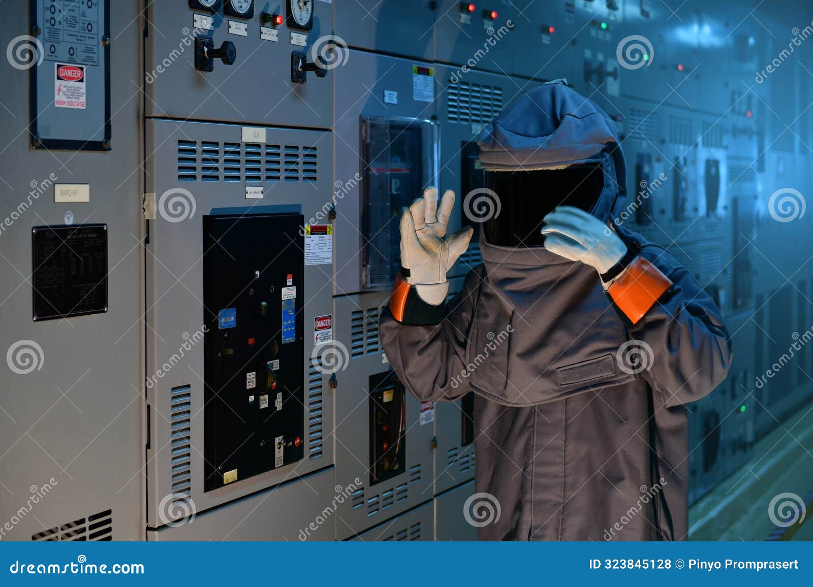 Engineer Wear a Arc Flash Protection Suit for Inspection Electrical ...