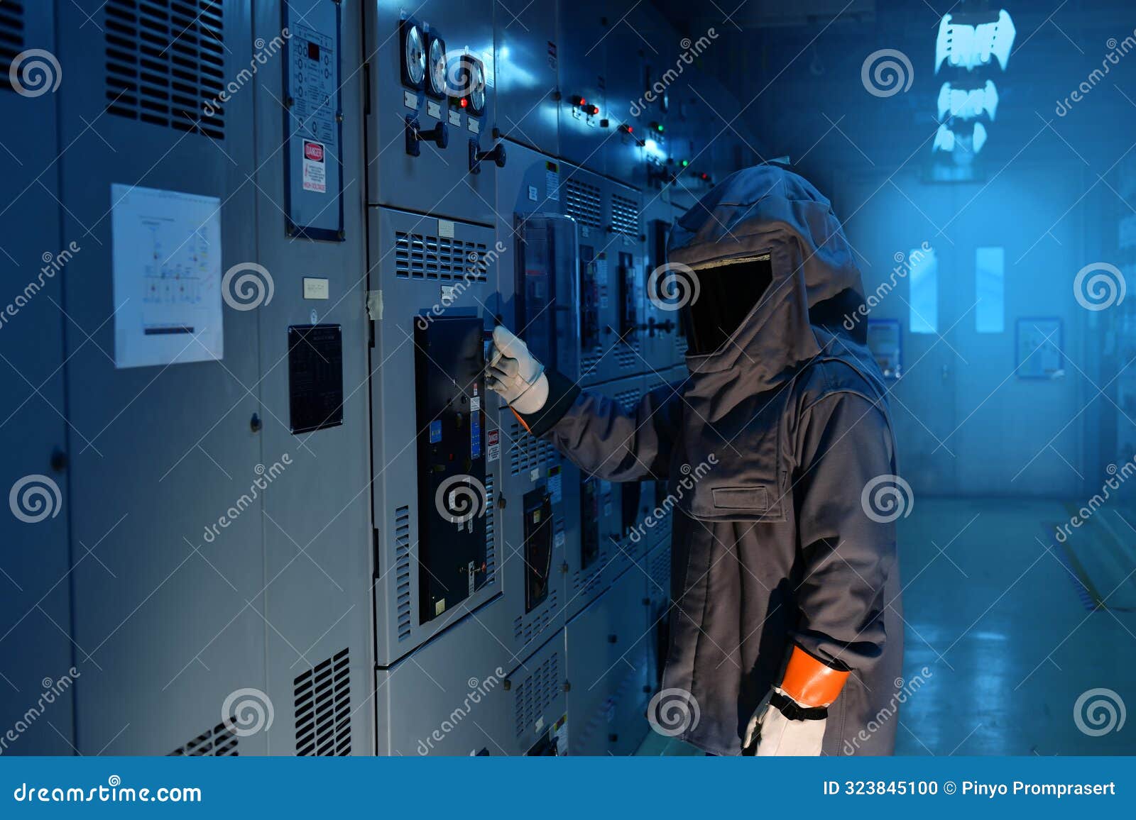 Engineer Wear A Arc Flash Protection Suit For Inspection Electrical ...