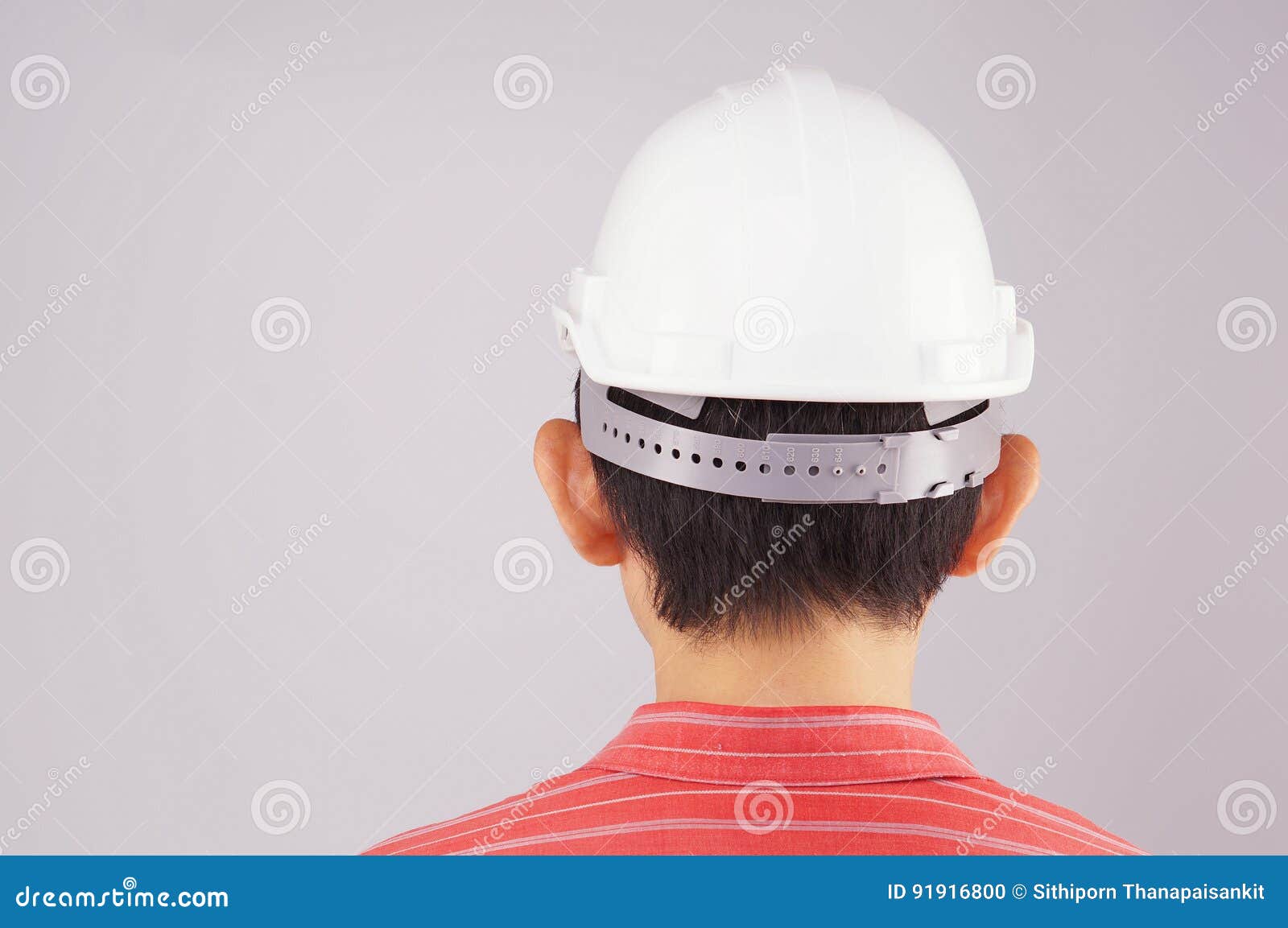 Engineer Wear Red Shirt and White Engineer Hat Turn Back Stock Photo ...