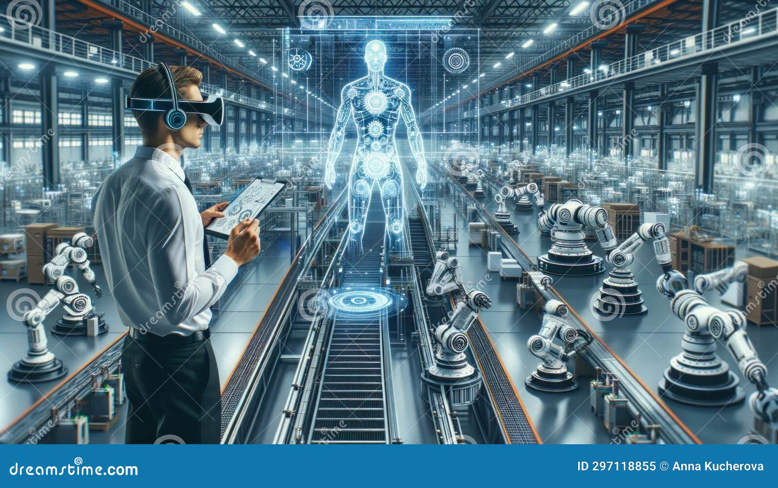 Engineer Wearing AR Headset Overseeing Automatic Android Production ...