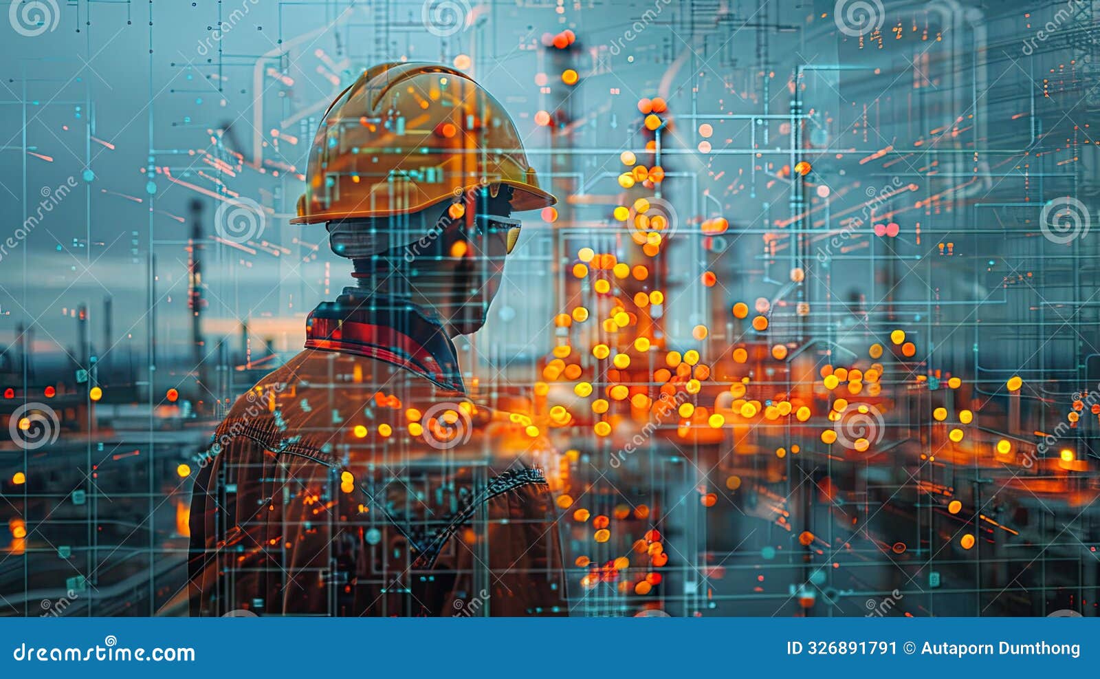 Engineer Wearing a Hard Hat, with Digital Interface Overlay ...