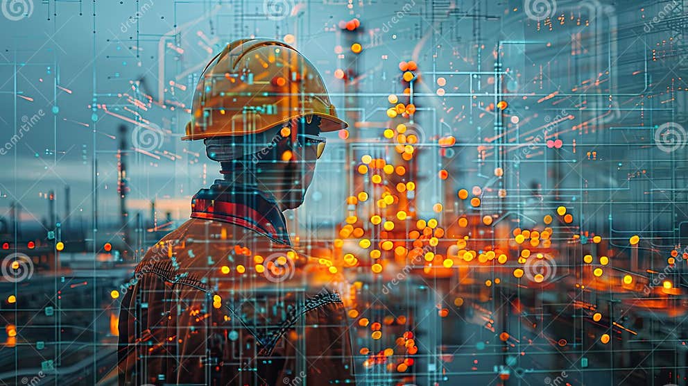 Engineer Wearing a Hard Hat, with Digital Interface Overlay ...