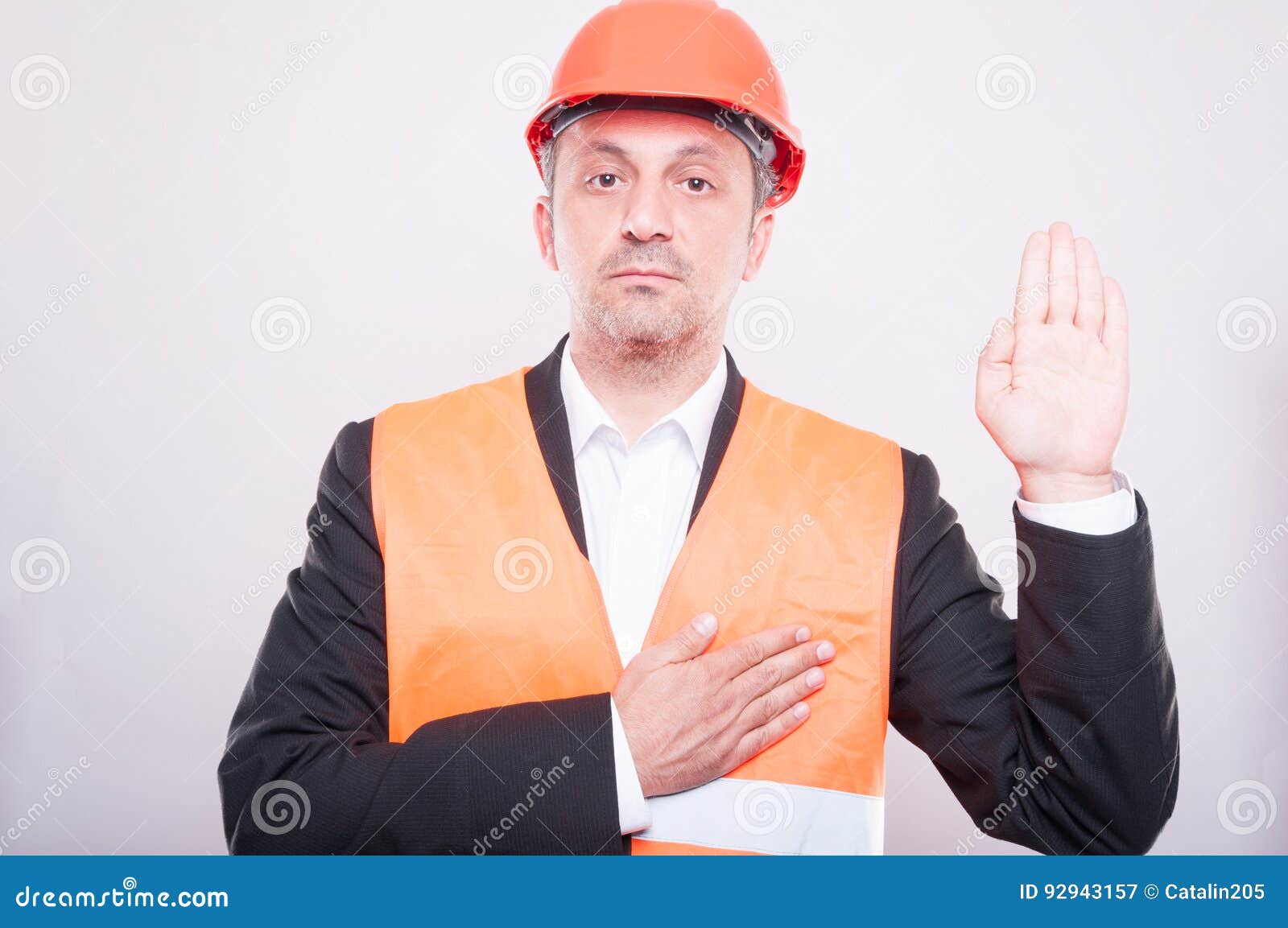Engineer Wearing Hardhat Making Oath Gesture Stock Image - Image of ...