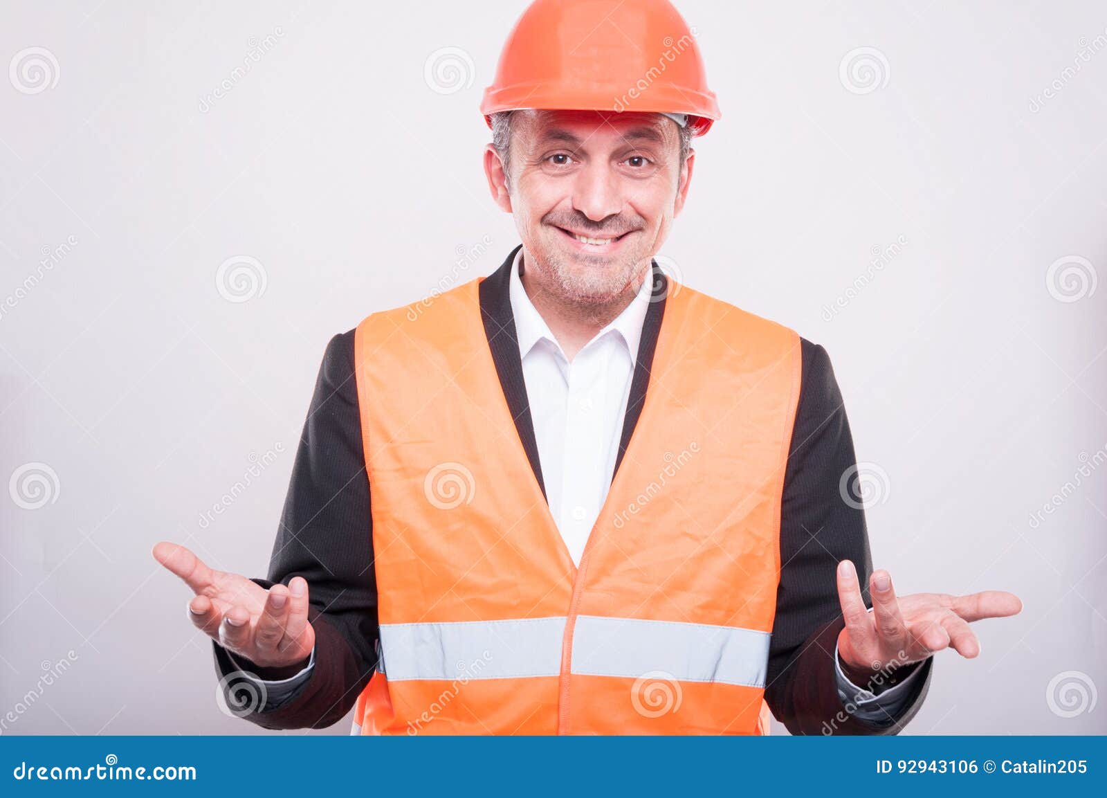 Engineer Wearing Reflective Vest Making Explanation Gesture Stock Photo ...