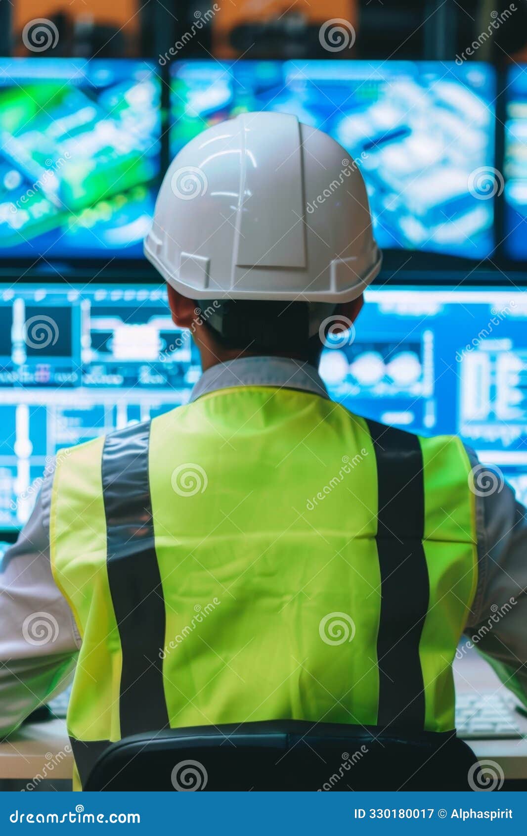 Engineer Wearing Safety Vest and Helmet Working with Cad Software on ...