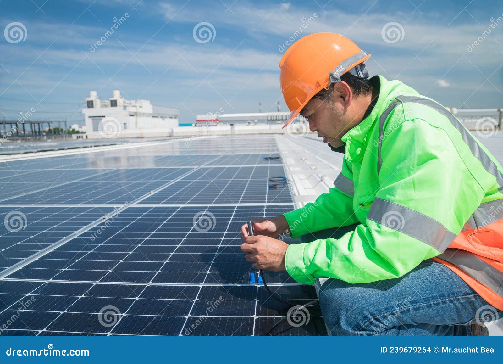 Engineer Wearing Uniform and Helmet Inspect and Check Solar Cell Panel ...
