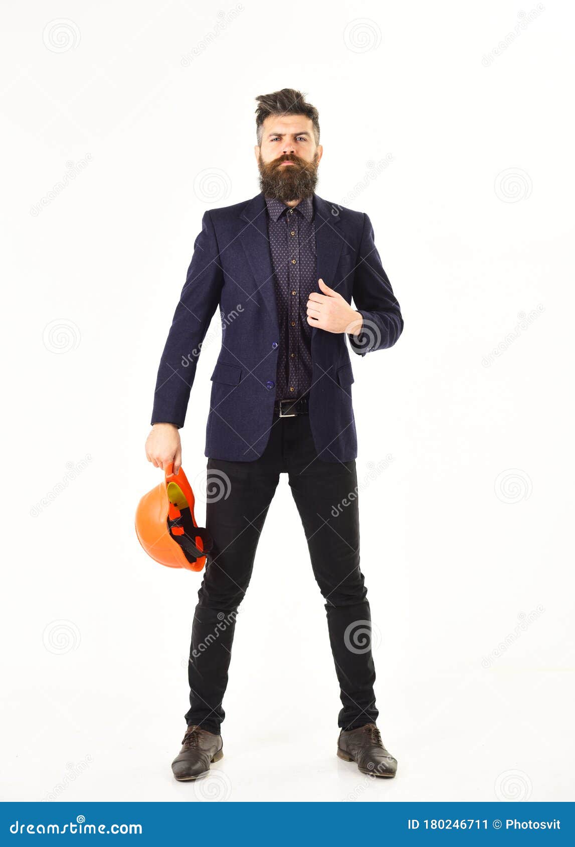 Engineer Wears Construction Helmet. Engineer with Long Beard and ...