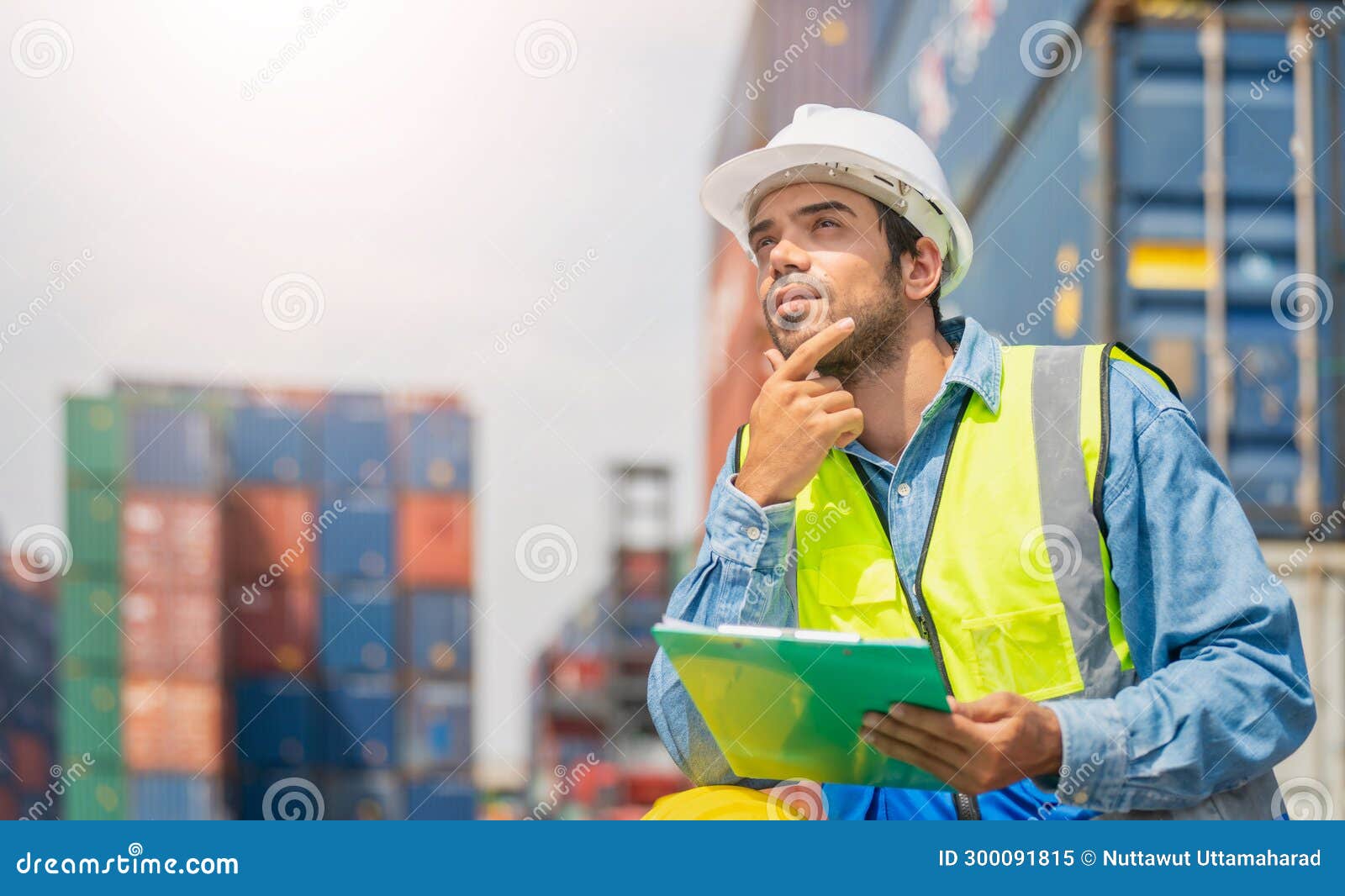 Engineer Wears PPE Checking Container Storage with Cargo Container ...