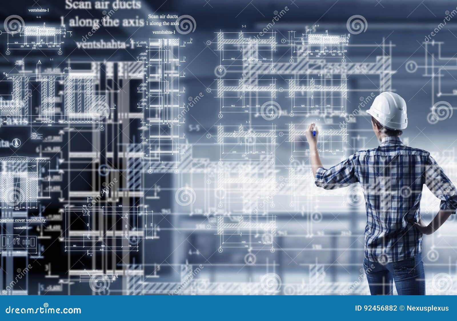 Engineer woman draw layout stock photo. Image of wall - 92456882